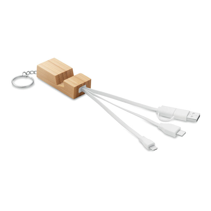 Bamboo Charging Cable Keyring and Phone Stand